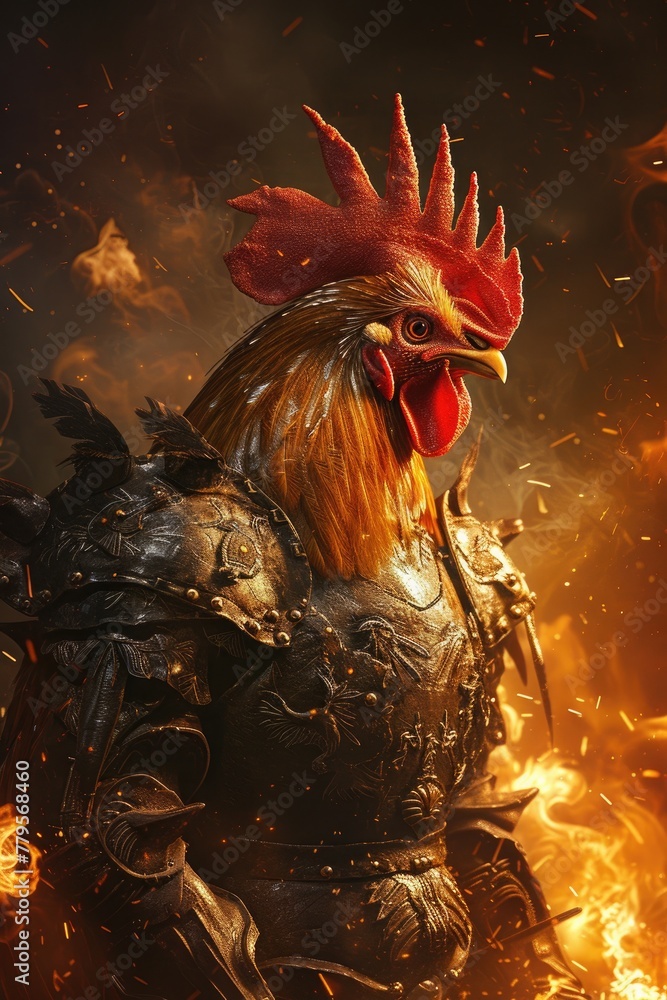 Warrior chicken in battle armor, flames flickering behind, ready for ...