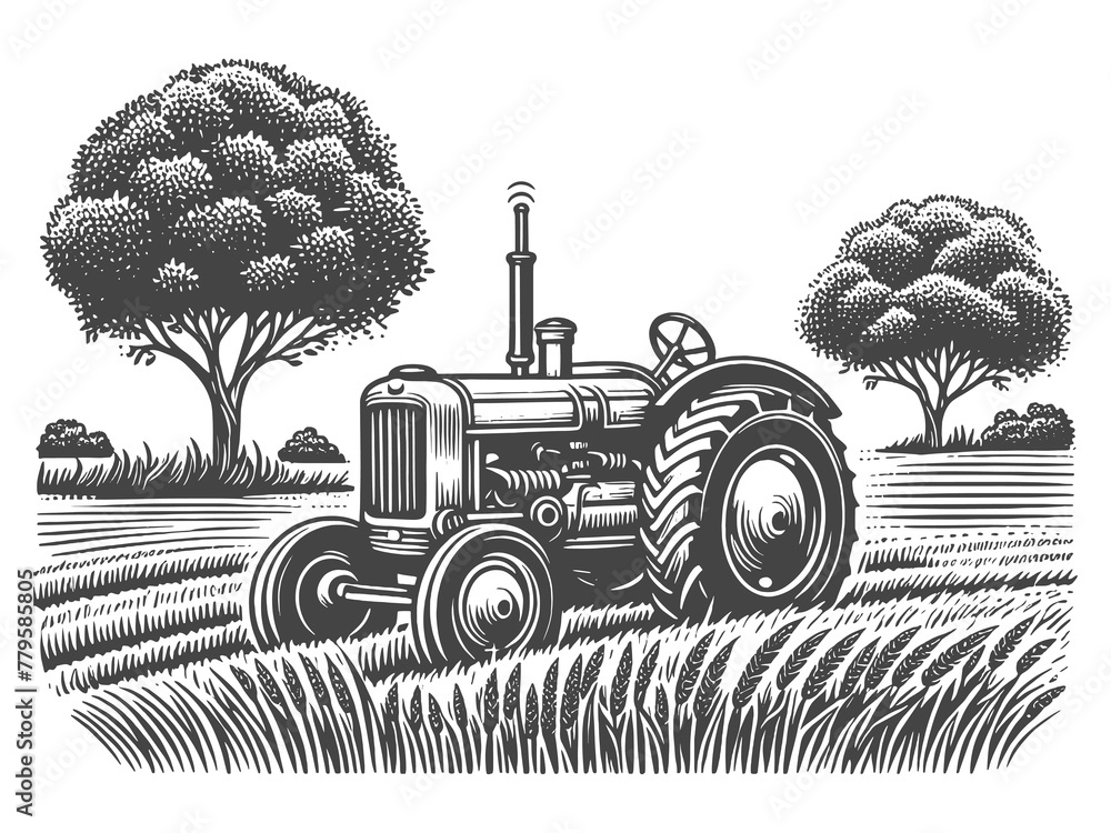 vintage tractor on a farm field, under a stylized sun, rustic nostalgia ...