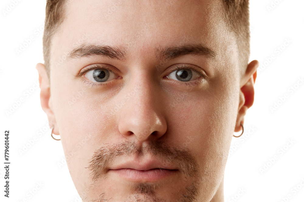 Close up photo of young man with stubble and soft, smooth skin without ...