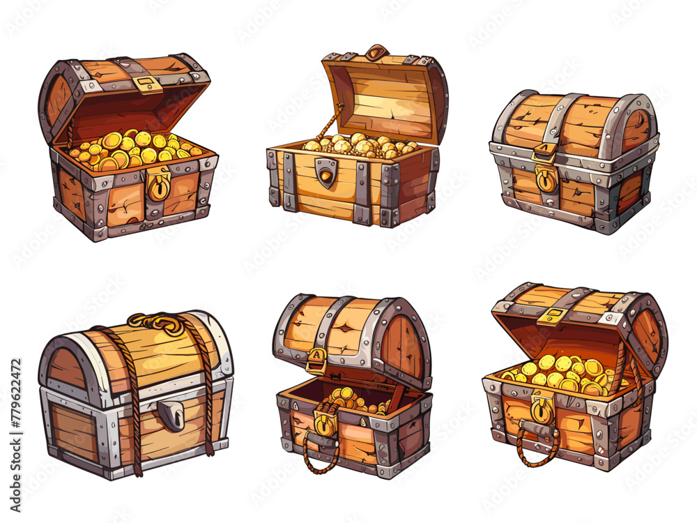 Cartoon wooden treasure open chests full gold coins , old reward boxes ...