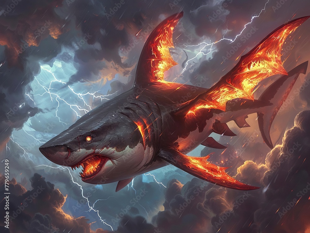 Scary goblin shark with fiery red wings diving through thunderclouds ...