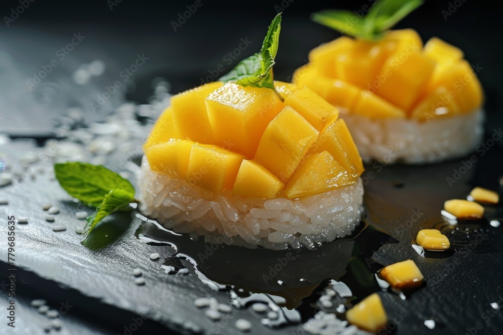Zoomed in image of Thai dessert Mango sticky rice on dark background ...