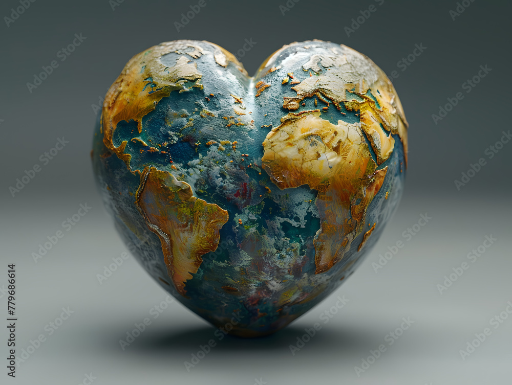 Heart-shaped model of Earth with textured continents against a blurred ...