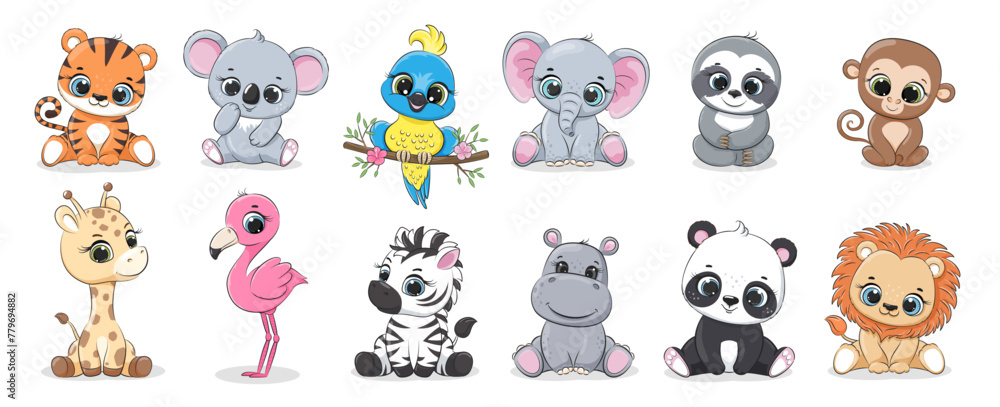 Set of cute cartoon funny animals tiger, koala, parrot, elephant, sloth ...