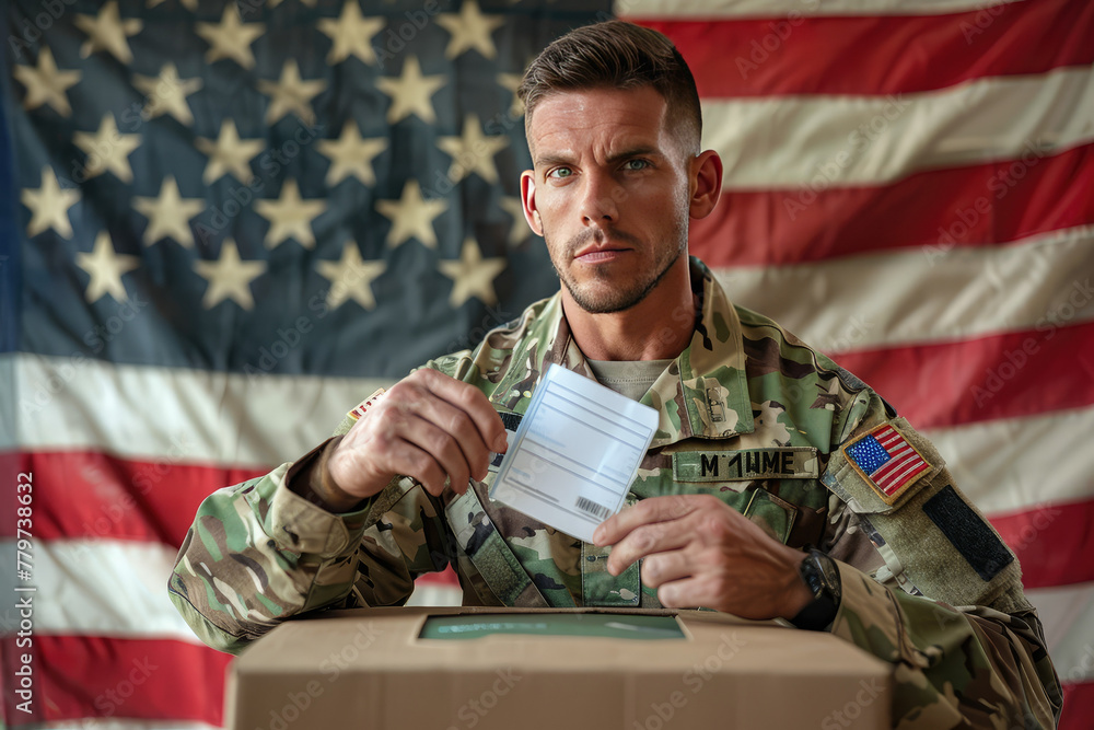 Soldier of US army in uniform putting his vote in the ballot box ...