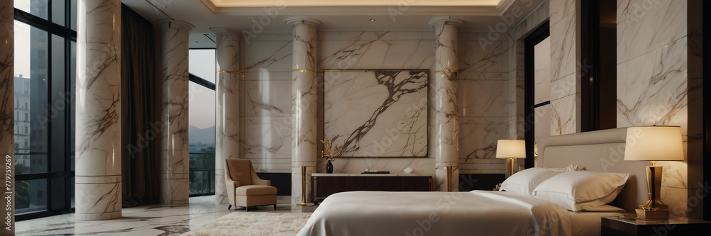 white marble theme luxury hotel bedroom modern interior with columns ...