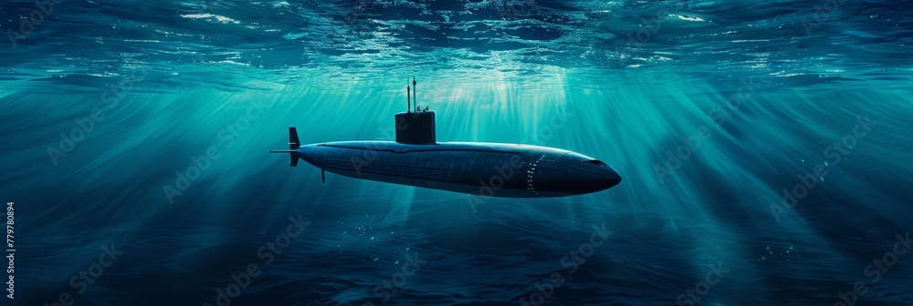 Generic military nuclear submarine floating in the middle of the ocean ...