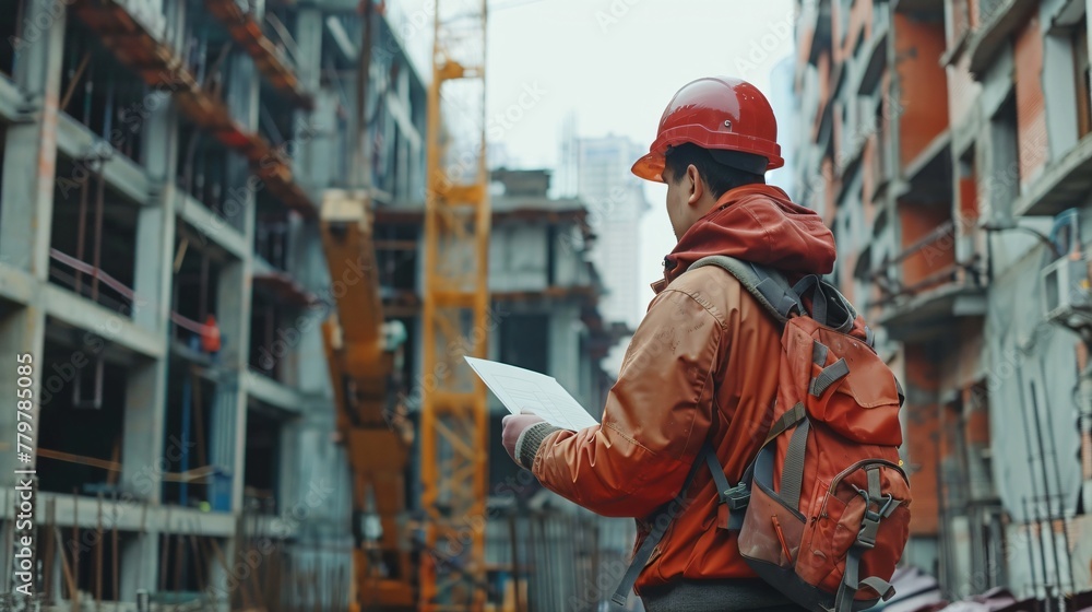 Engineer meticulously evaluating structural integrity at a construction ...