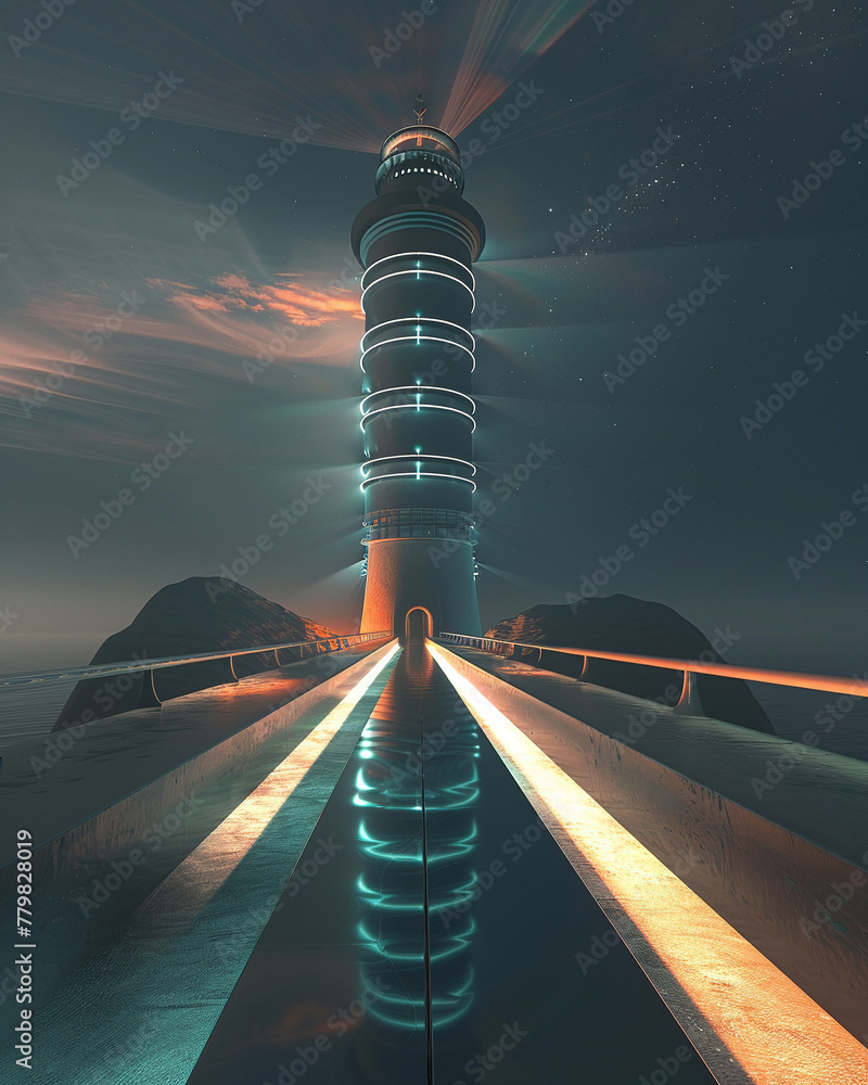 Futuristic lighthouse with beams projecting paths in multiple ...