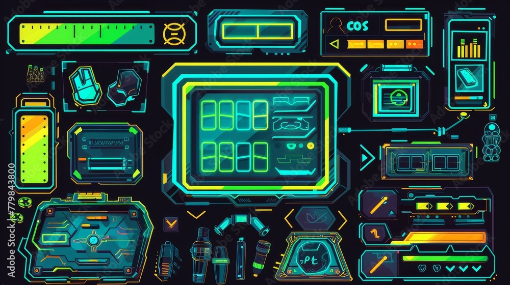 Design elements, menus and user interface assets in sci-fi style. A modern cartoon set of ...