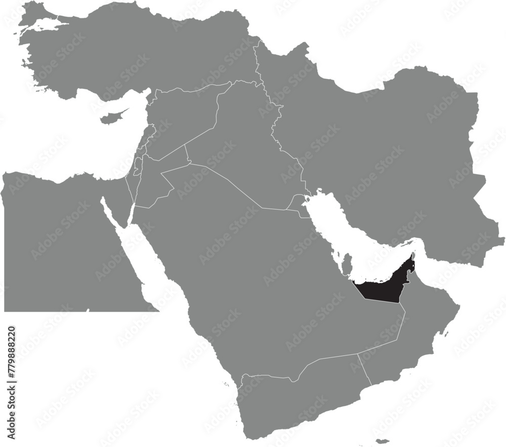 Black detailed blank political map of UNITED ARAB EMIRATES with white ...