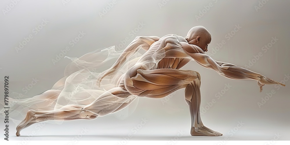 Digital rendering of a muscular human figure in a dynamic pose ...
