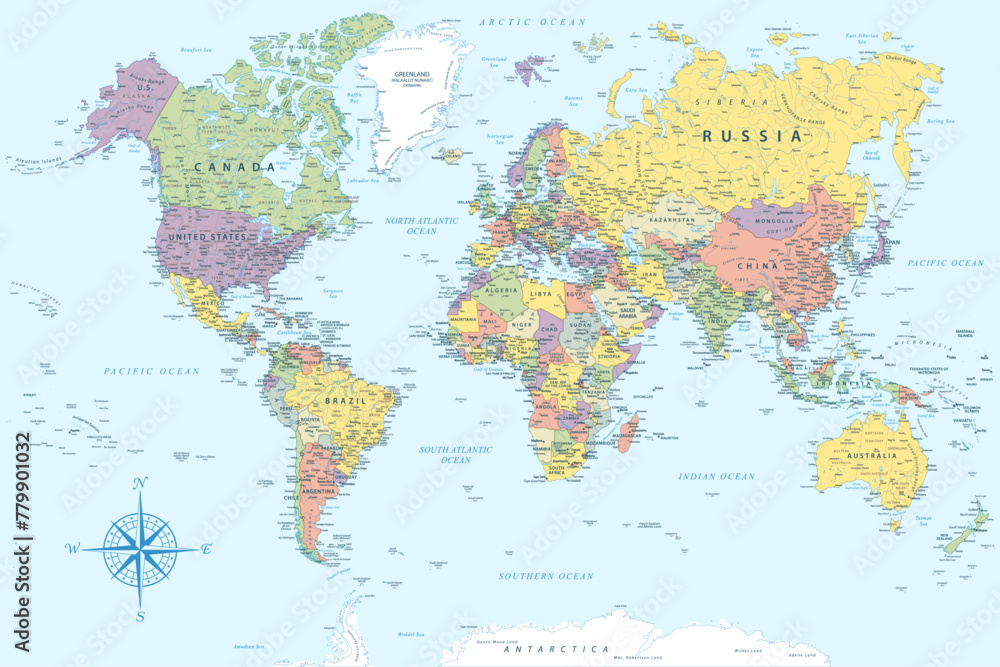Stockvector World Map - Highly Detailed Colored Vector Map of the World ...