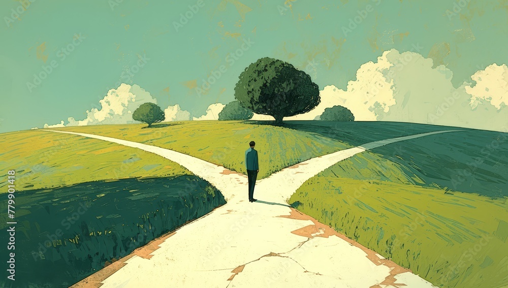 A man stands at the crossroads, facing two diverging paths with ...