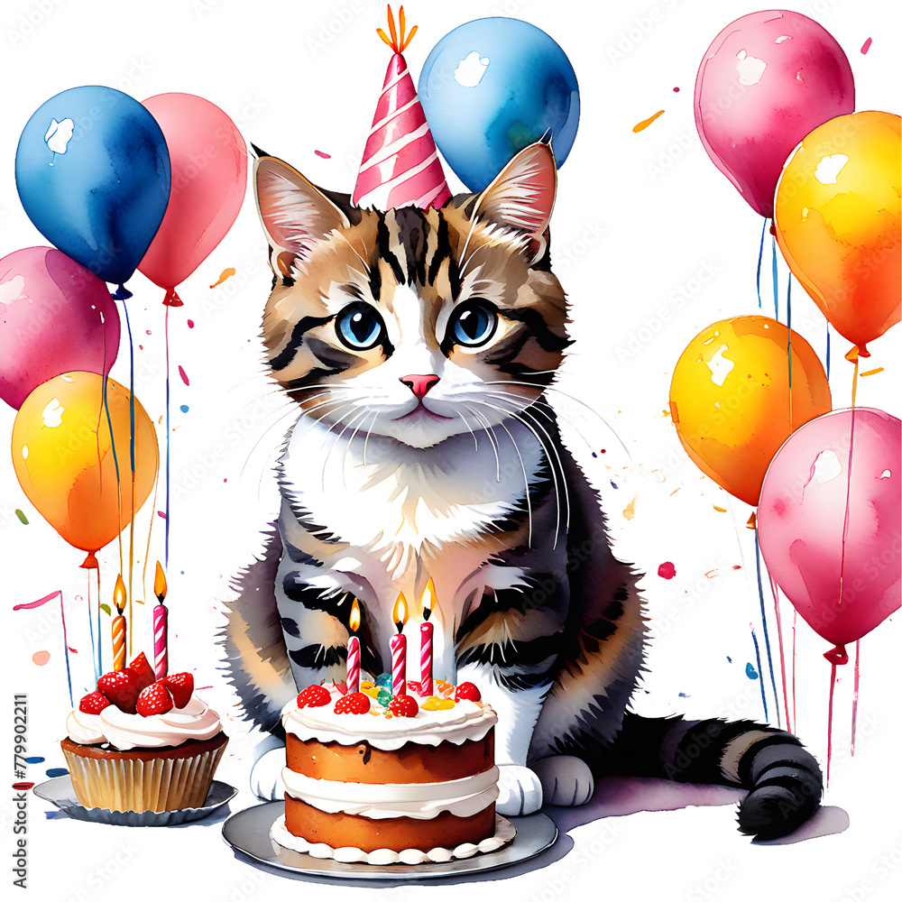 Illustration Stock Watercolor Cat Birthday Clipart Graphics Bundle, Cute Kitten Cat Clipart ...