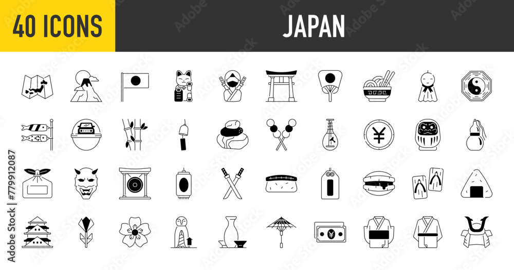 Japan icon set. Such as maneki neko, wind chimes, map, sake, onigiri ...