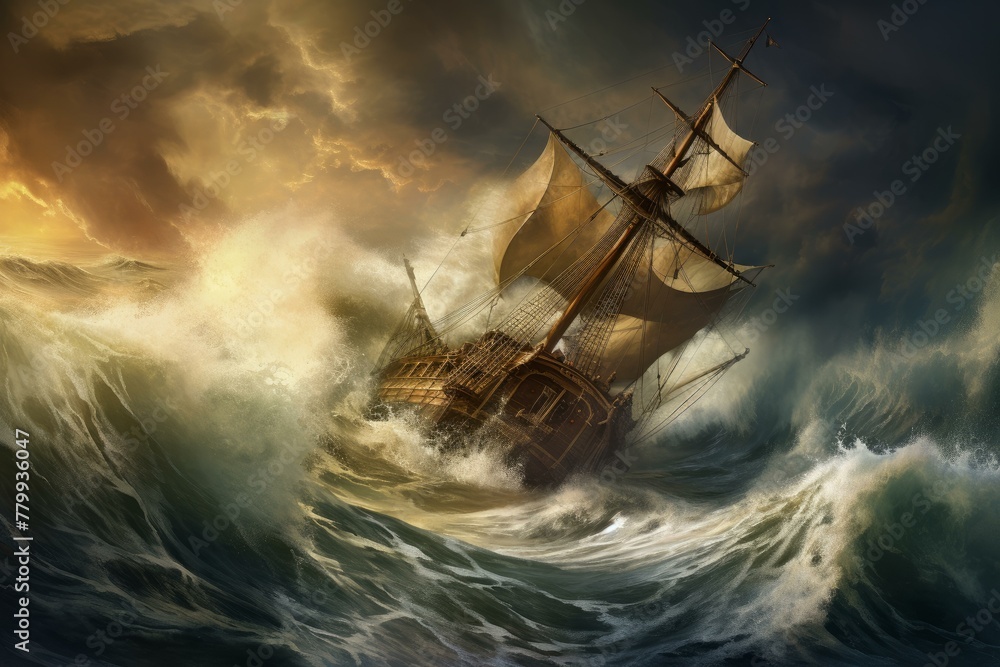 Catastrophic Ship fire in sea storm. Waves wind. Generate Ai Stock ...