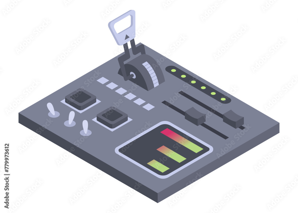 Isometric control panel spaceship with slider, controllers, buttons. 3d dashboard on white ...