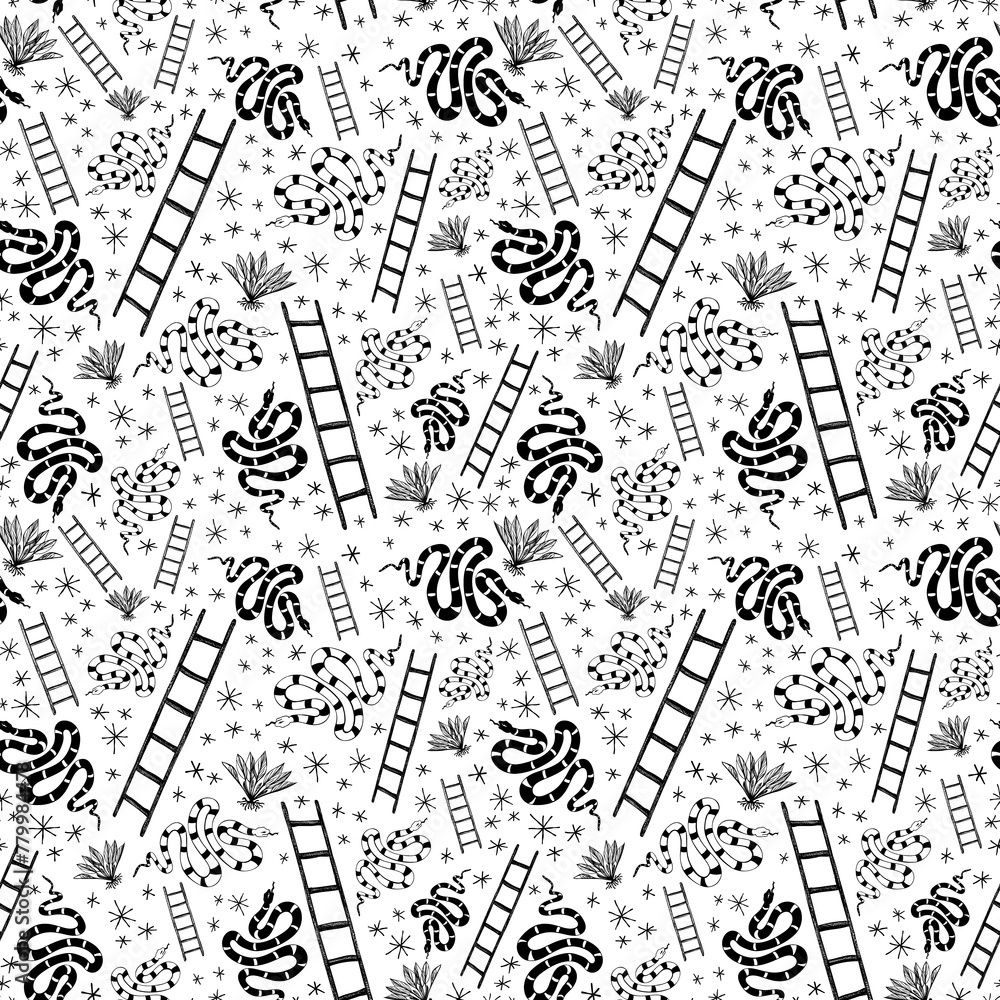 Hand drawn snakes, ladders, plants and doodle stars in black and white ...