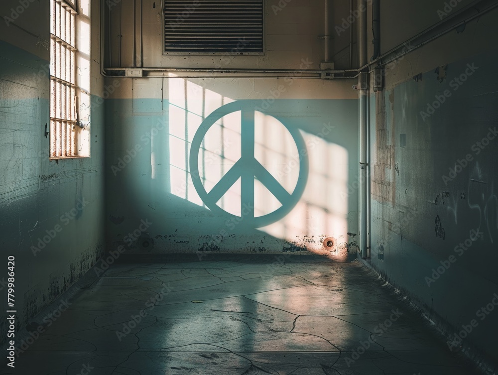 The shadow of a peace symbol cast on the wall of a simple, unadorned ...