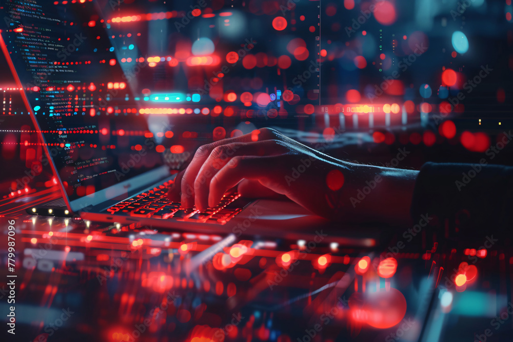 Computer engineer immersed in work on laptop amid server room backdrop. Illustrating digital ...