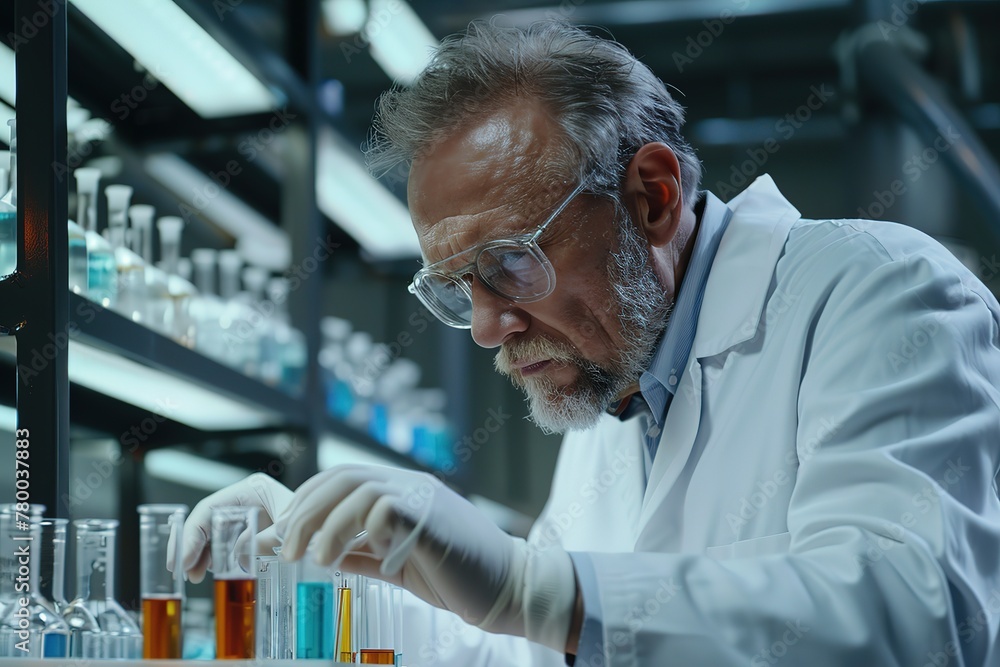 Portrait of busy concentrated middle aged male scientist in white lab ...