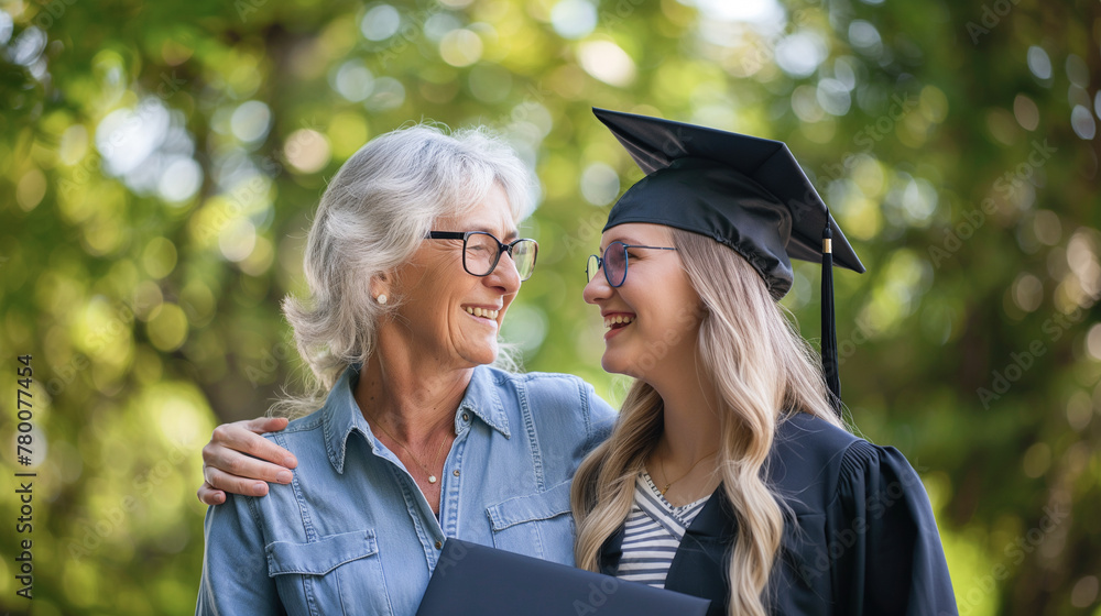 Joyful mother congratulates and hugs her daughter, a university ...