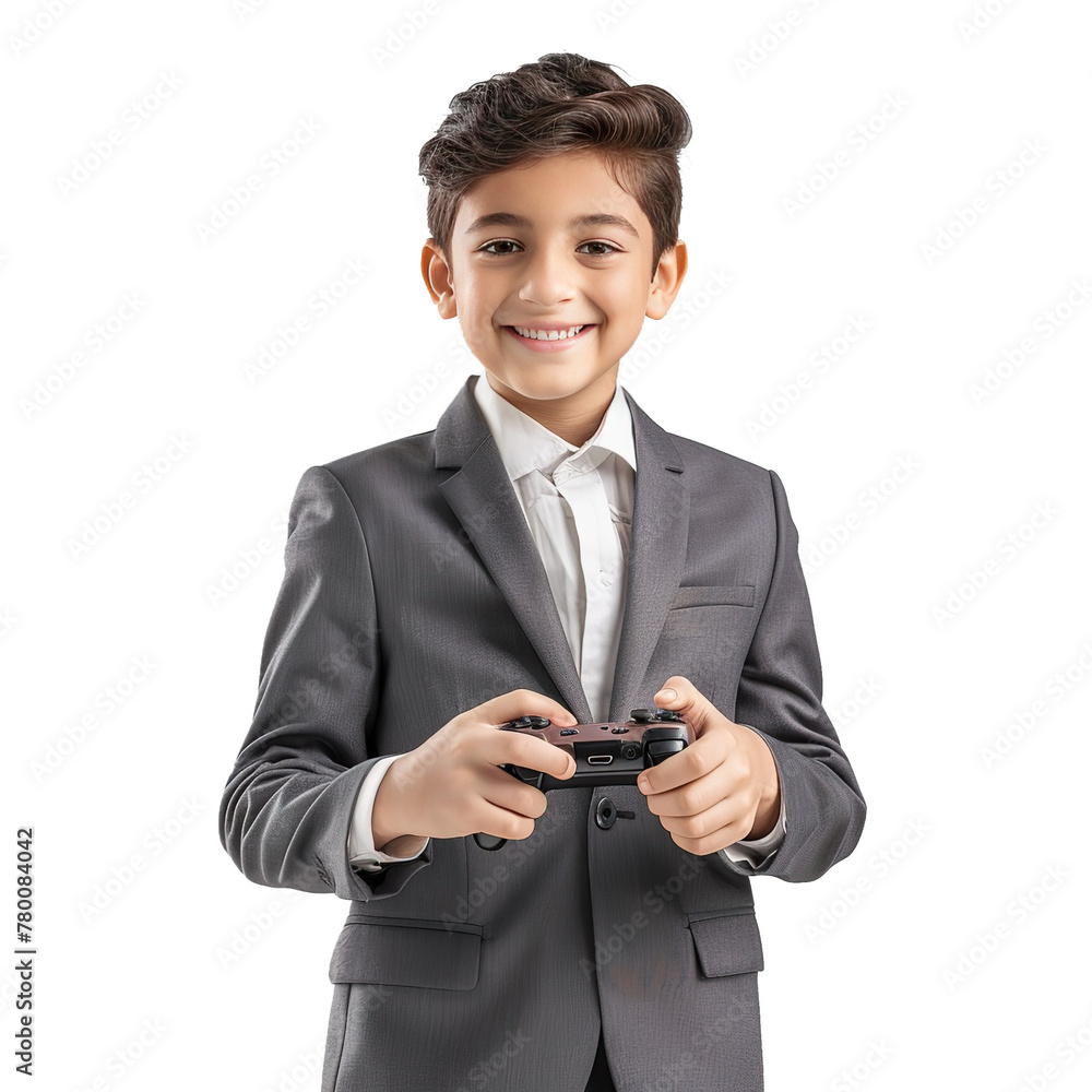 12 years old boy standing and using joy stick, smiling, front view ...