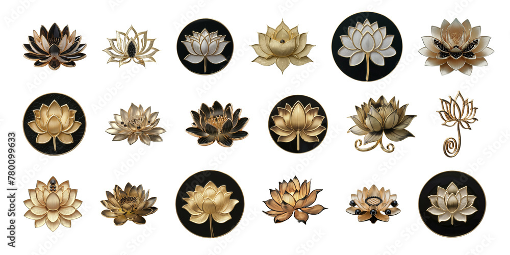 Elegant set of golden lotus on a transparent background with pearls ...