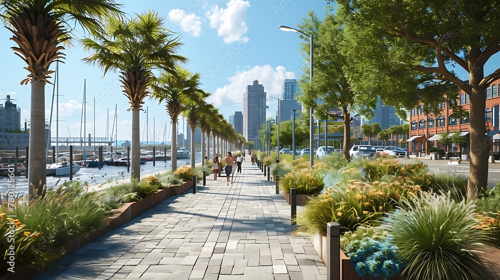 "Seaside Serenity: A Contemporary Waterfront Boardwalk Featuring Modern Architecture, Recreation ...