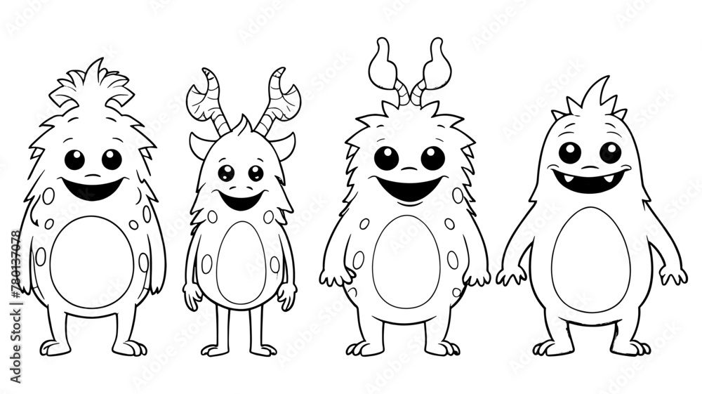 Three Cartoon Monsters Standing Together, Theme coloring page activity ...