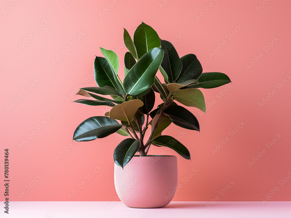 Ficus tree in a pot stands against a white brick wall background ...
