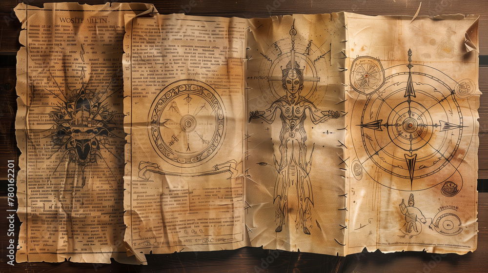 Old, wrinkled and textured parchment, resembling a pirate's triptych of ...