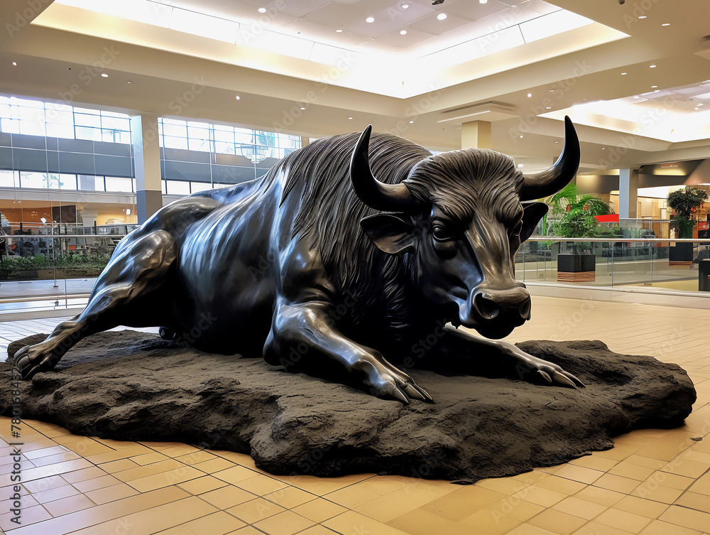 A massive black bull statue is lying on its side in the middle of an ...