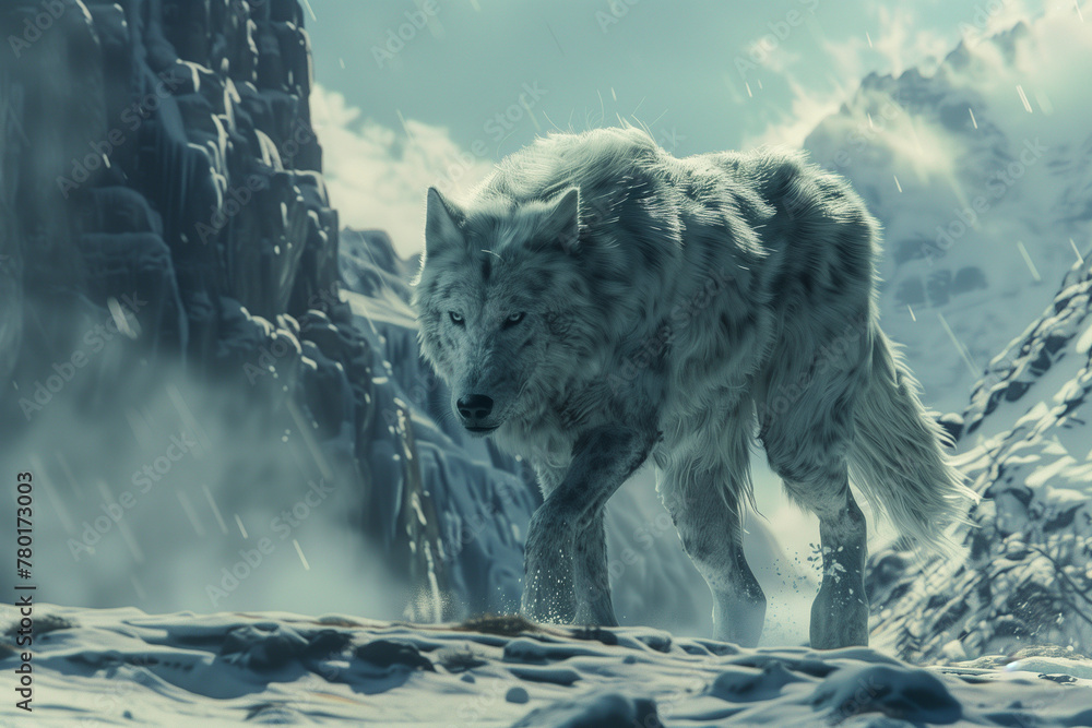 Fenrir the wolf, gigantic predatory animal in the high Nordic snowy ...