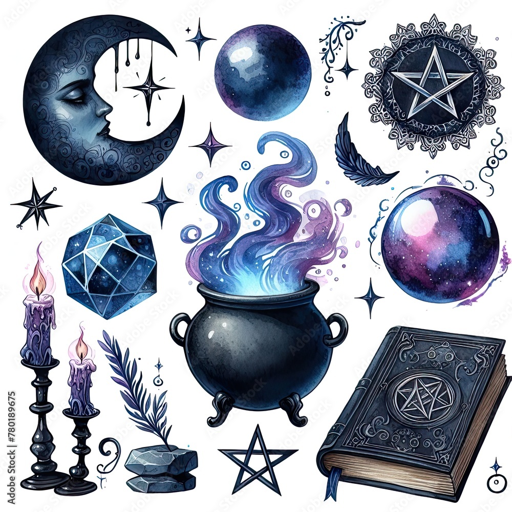 Watercolor clipart dark magic objects icons, white background Stock ...
