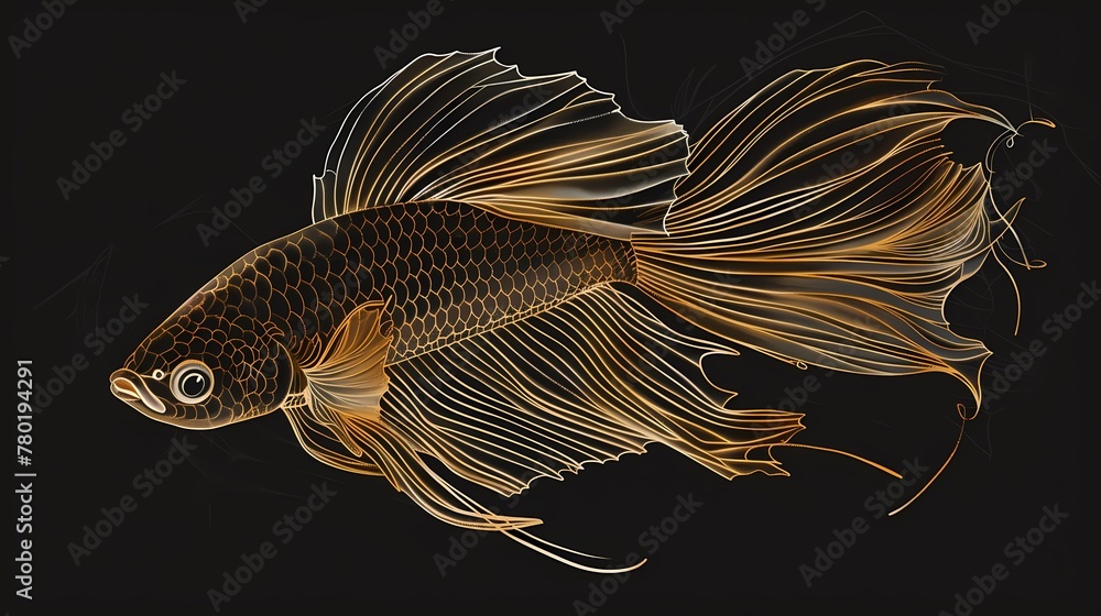 Black and gold lines fish abstract illustration background poster Stock ...