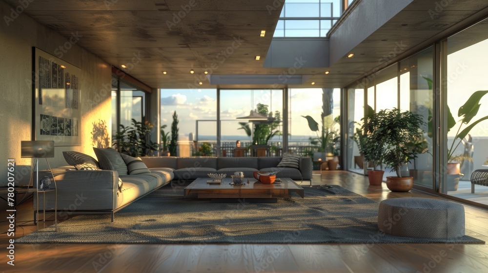 Digitally generated elegant and modern loft interior scene (living room ...