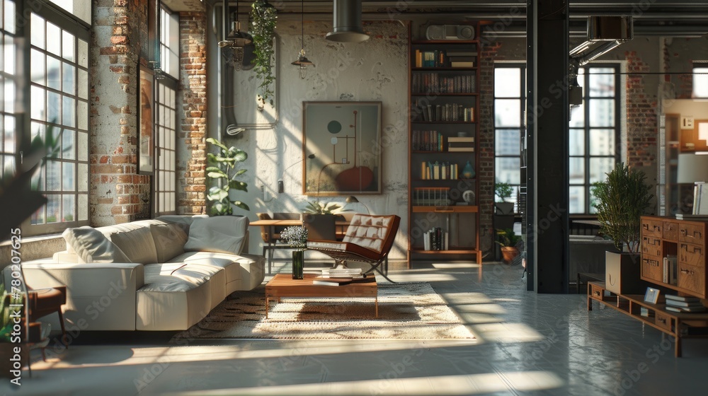 Digitally generated elegant and modern loft interior scene (living room ...