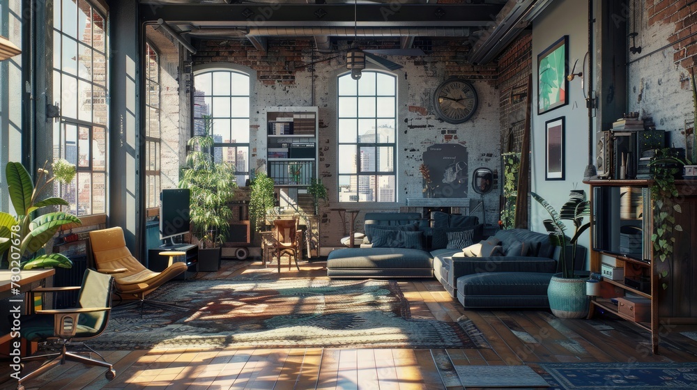 Digitally generated elegant and modern loft interior scene (living room ...