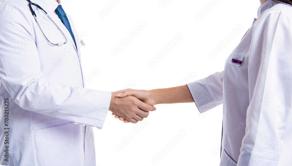 doctor handshake with nurse. two doctor shaking hands isolated on white. Handshake, agreement on ...