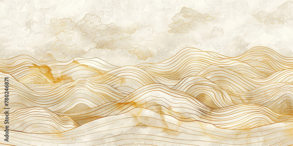 A simple line drawing of ocean waves, with light gold lines on a white ...