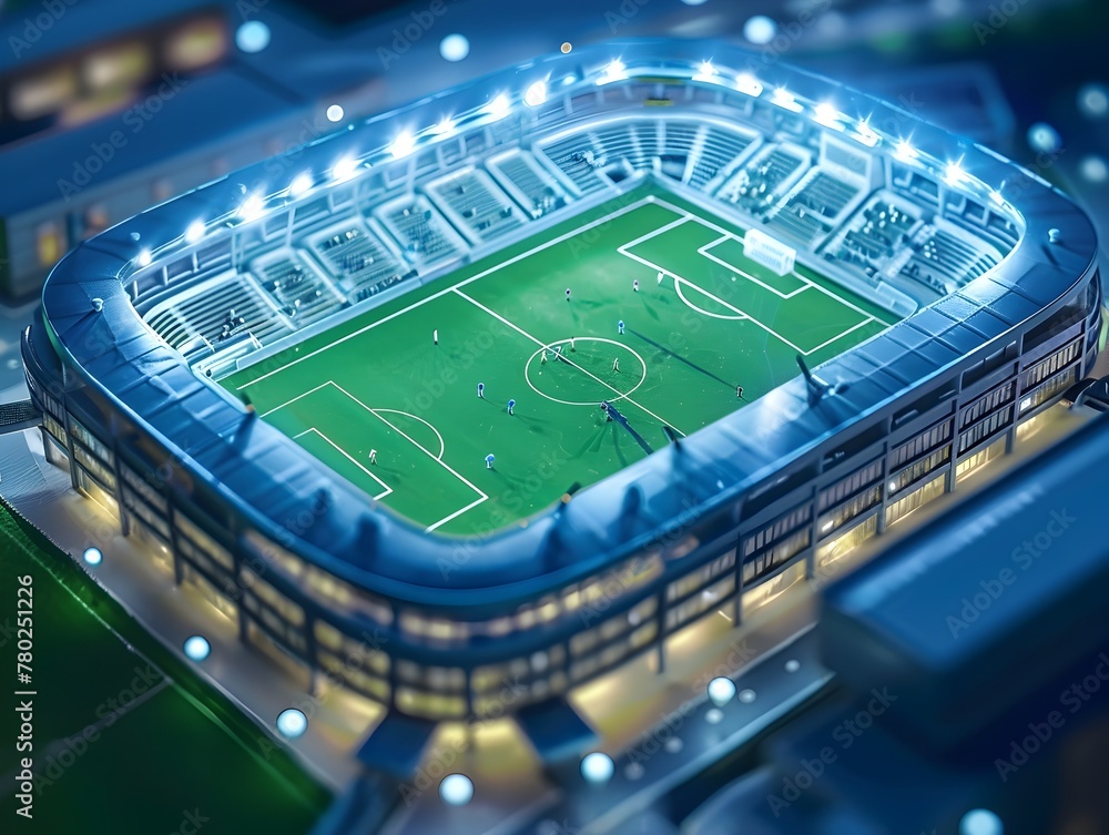 Miniature Soccer Stadium Illuminated at Night in Detailed D ...