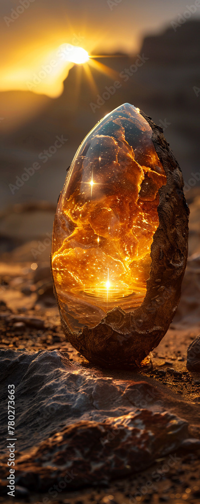 Ancient artifact from the stars, glowing, unearthed in a remote desert Scholars examining its ...