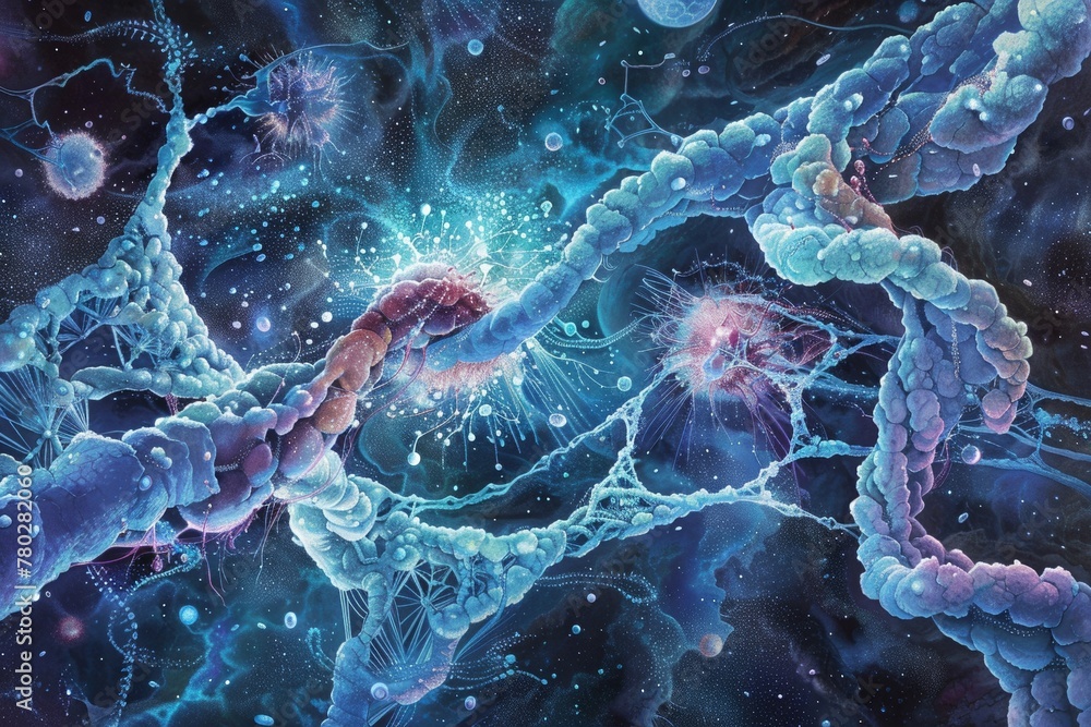 Cell division, with chromosomes breaking and DNA strands falling apart ...