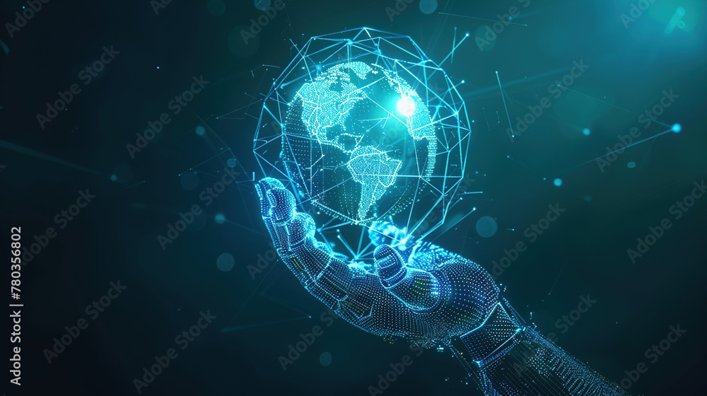 Abstract low poly wireframe design of human hand holding dollar sign. AI robot hand and globe ...