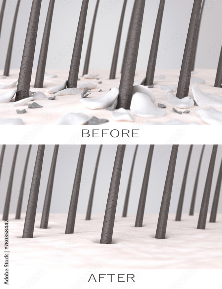 Dandruff hair care. Medical beauty 3d rendered illustration shows white ...