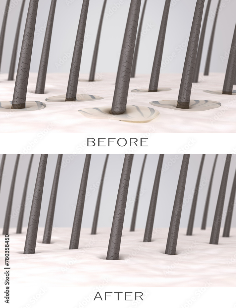 Oily and normal hair. 3d render. Secretion of sebum from the hair ...