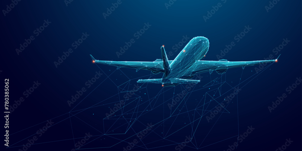 Abstract digital flight plane. The aircraft flies away into distance ...