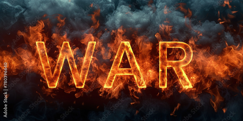 Word War made of fire flames with red smoke behind hot metal font in ...